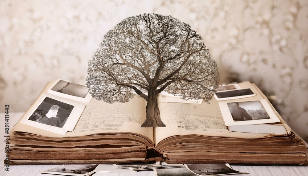 Vintage family tree exploration with old photographs, documents, and ...
