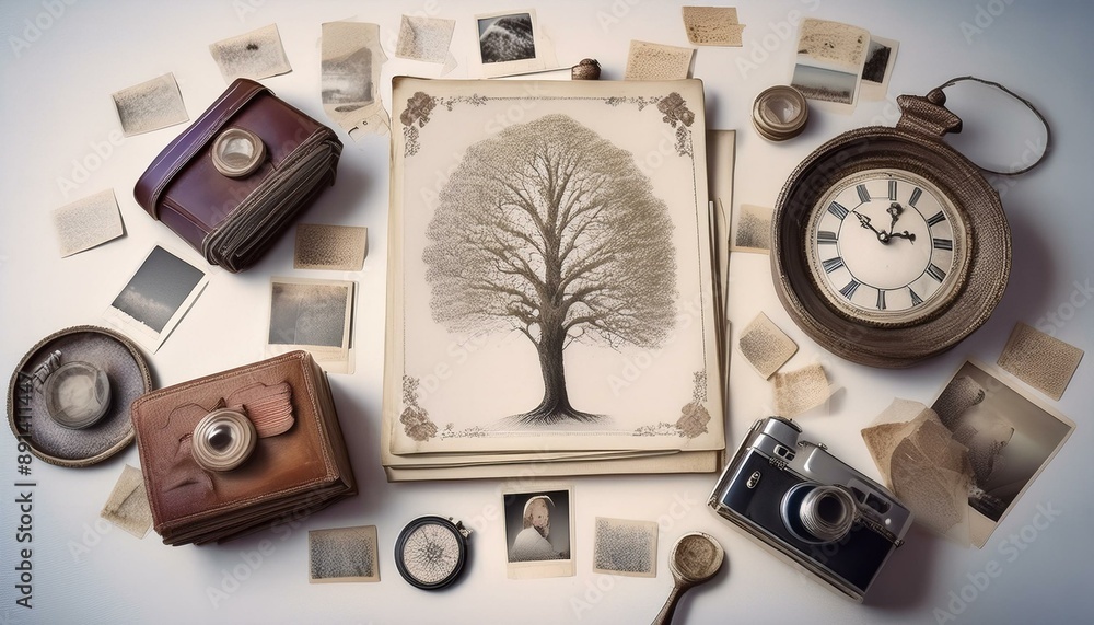 Vintage family tree exploration with old photographs, documents, and ...