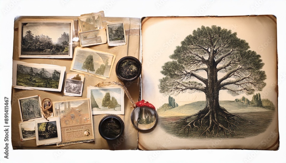 Vintage family tree exploration with old photographs, documents, and ...