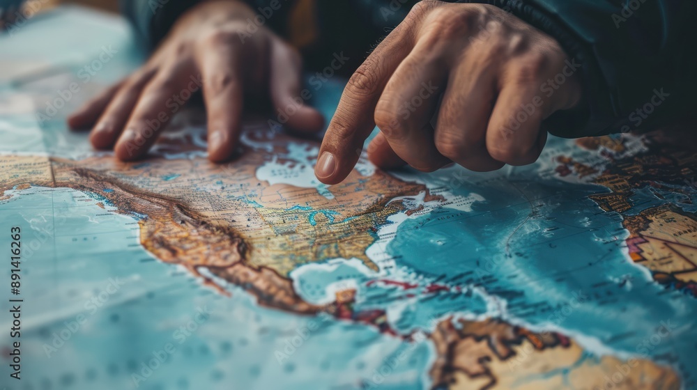 Focused planning over a travel map - Hands pointing at various ...