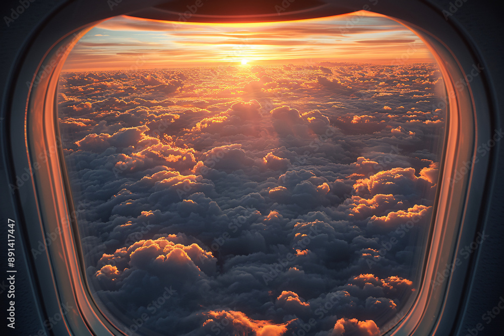 A breathtaking view of clouds and sunset from an airplane window ...