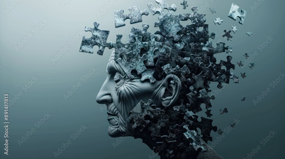 Head profile with jigsaw puzzle pieces falling apart. Alzheimer's and ...