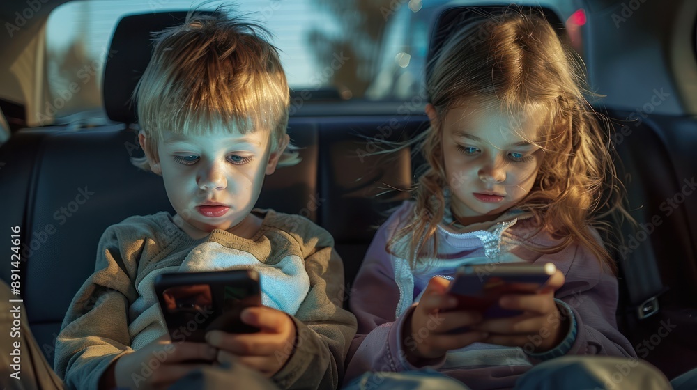 Two children are sitting in a car and looking at their cell phones ...