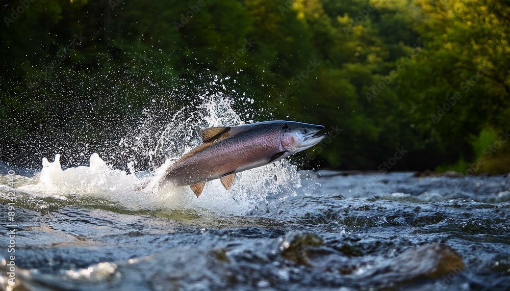 majestic Atlantic salmon leaps out of the water as it battles its way ...