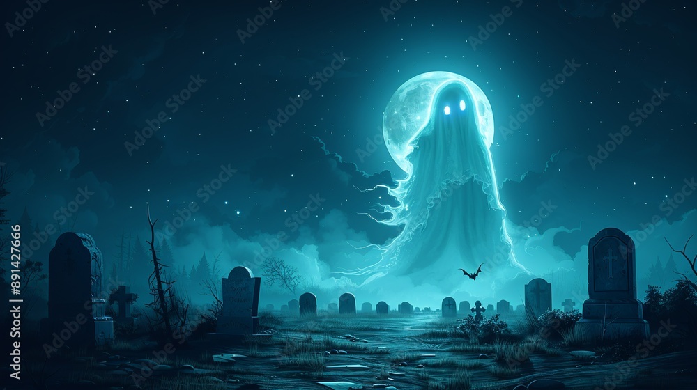Ghostly apparition floating in a foggy cemetery under the moonlight ...