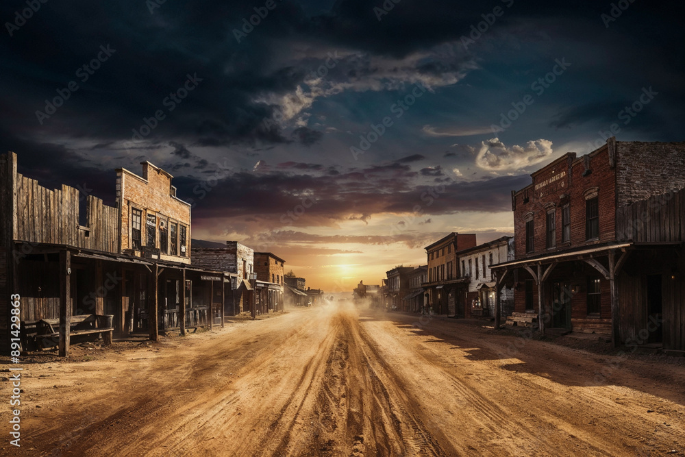 Classic wild west town with vintage buildings, deserted streets, and a ...