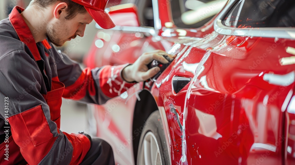 An auto body repair specialist diligently repairs dents in your car's ...
