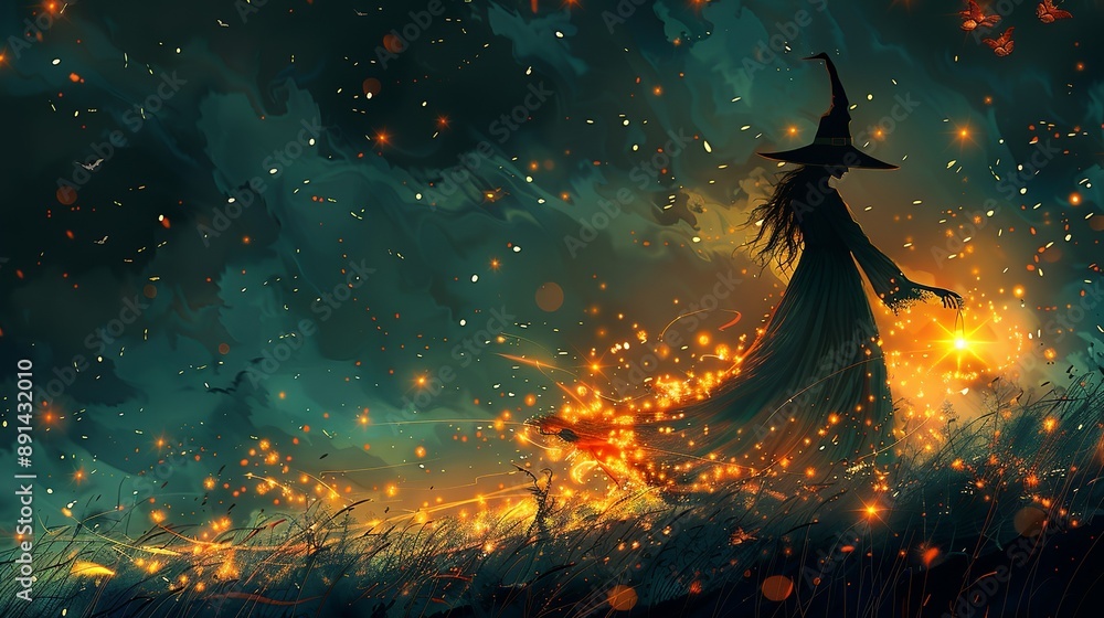 Wicked witch casting a spell with glowing effects and eerie lights ...