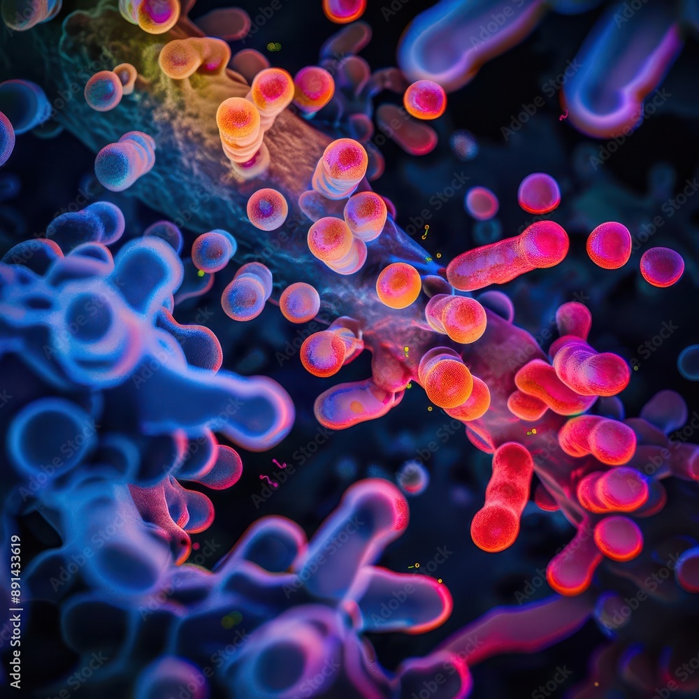 microscopic view of probiotic bacteria bioluminescent glow colorful rod ...