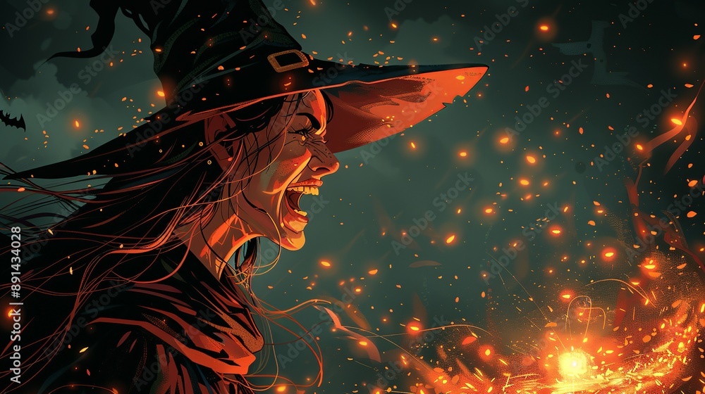 Wicked witch laughing maniacally while casting a spell with glowing ...