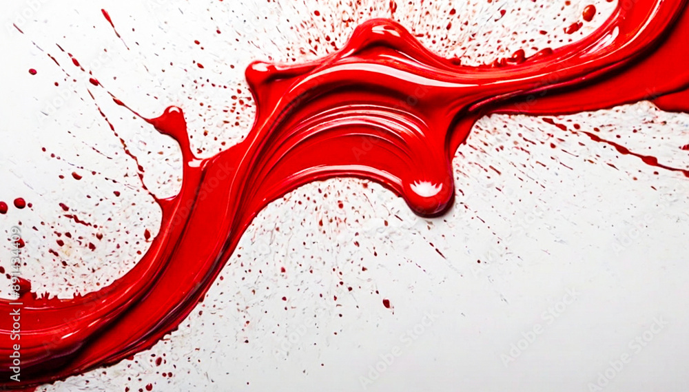 Vivid red paint splatter spreading dynamically on a white background ...
