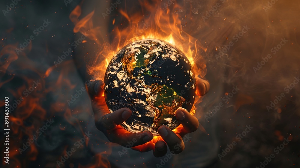 Hands holding Earth globe burning into flames, America destroyed by ...