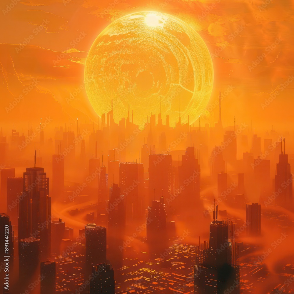 shimmering heat waves distort a futuristic cityscape under an oversized ...