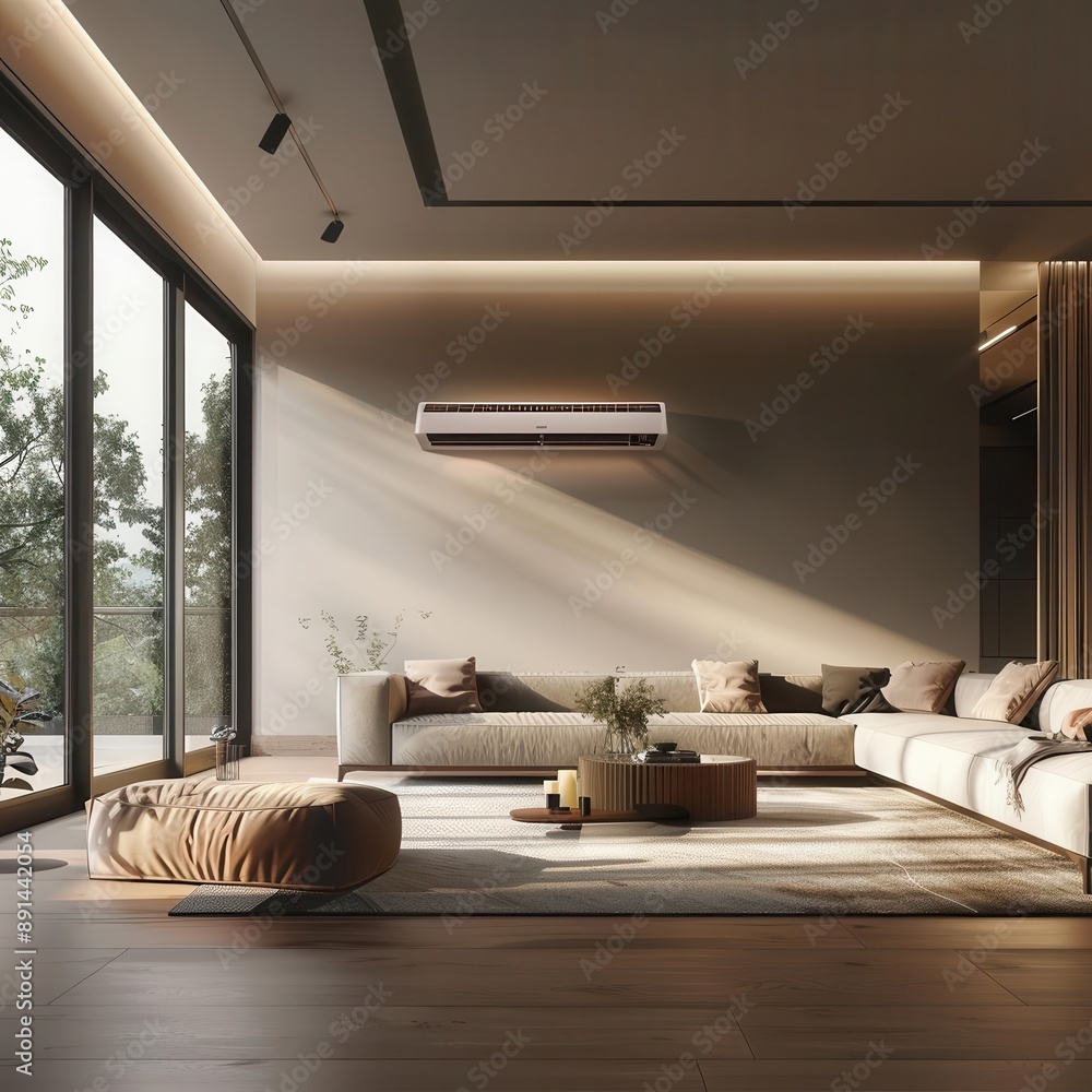 sleek minimalist living room with a floating smart air conditioning ...