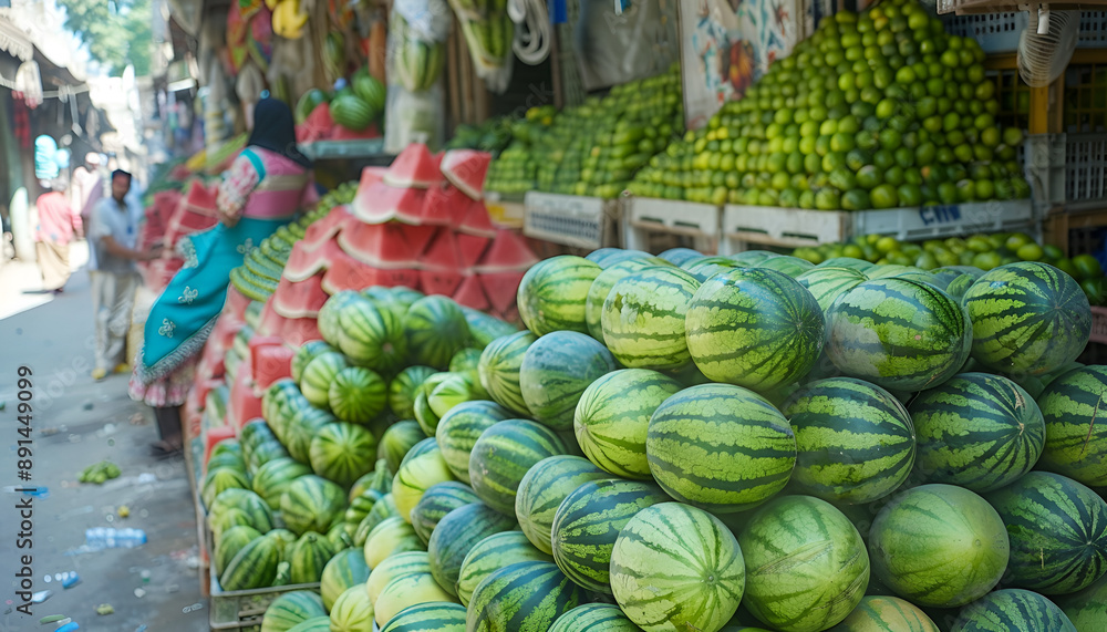 Piles of juicy fresh sweet green delicious watermelon fruits in the ...