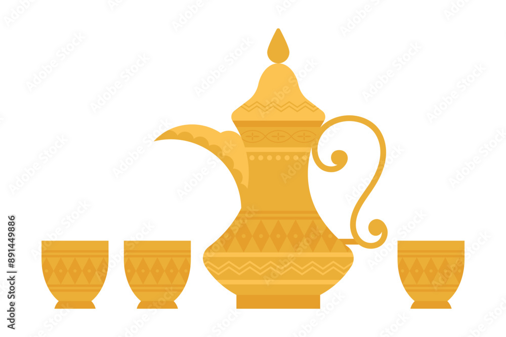 Dallah. Arabic coffee pot. Golden vintage middle east vessel and cups ...