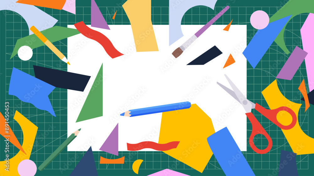 Cutting and gluing - paper craft materials on solid background ...