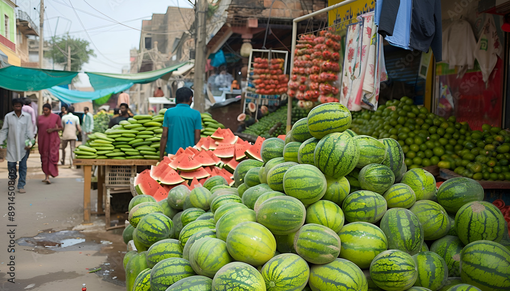 Piles of juicy fresh sweet green delicious watermelon fruits in the ...