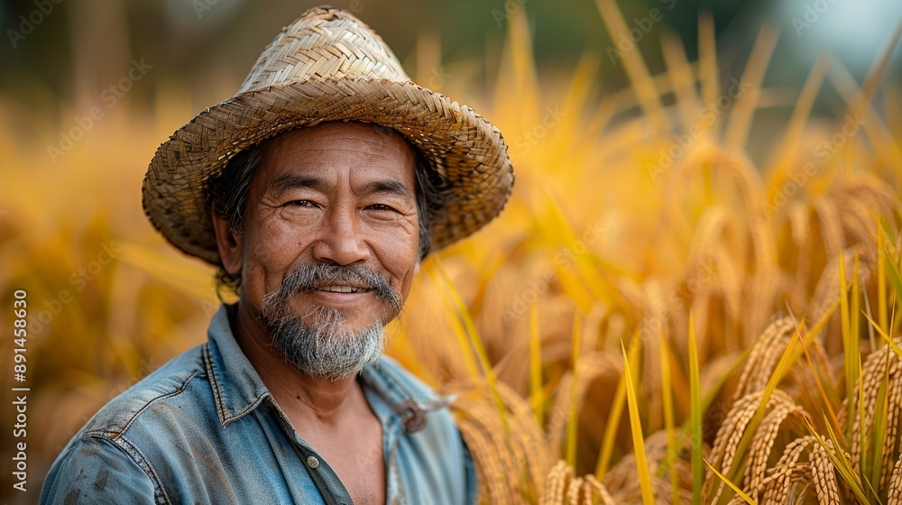 Happy rice farmer in Southeast Asia standing amidst golden rice plants ...