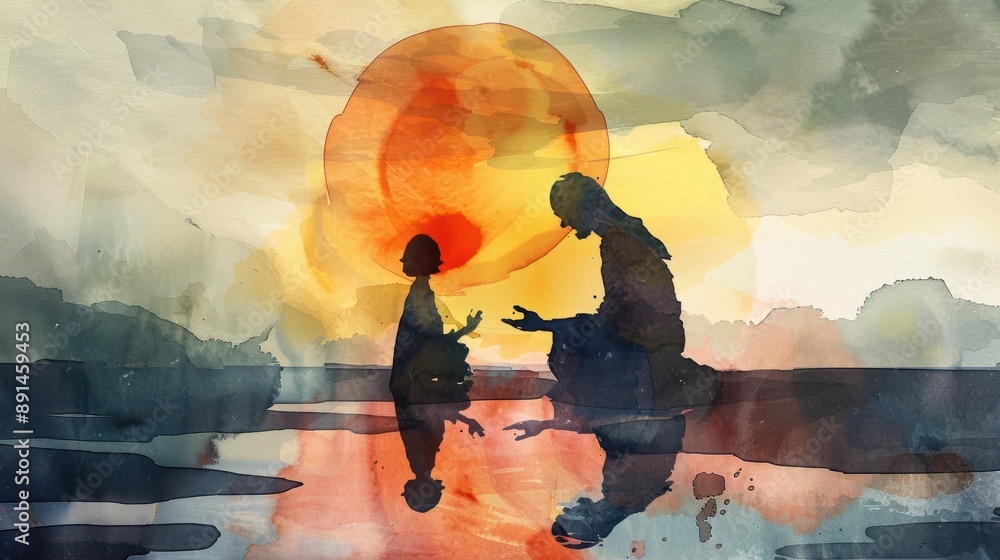 Watercolor illustration for guru purnima with a silhouette of guru ...