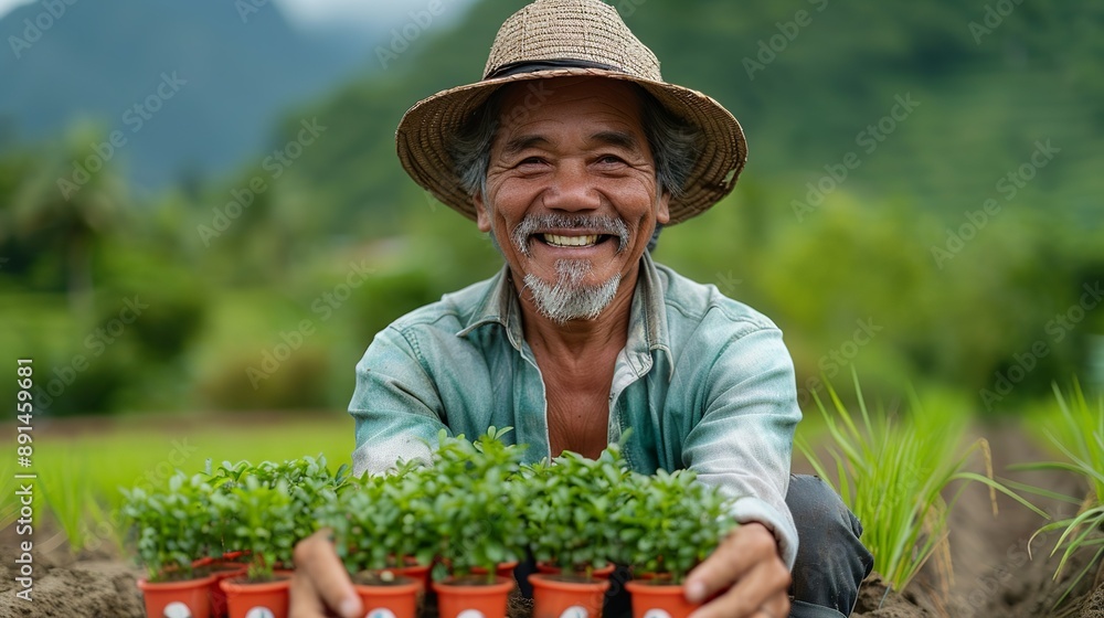 Happy rice farmer in Southeast Asia transplanting rice seedlings in a ...