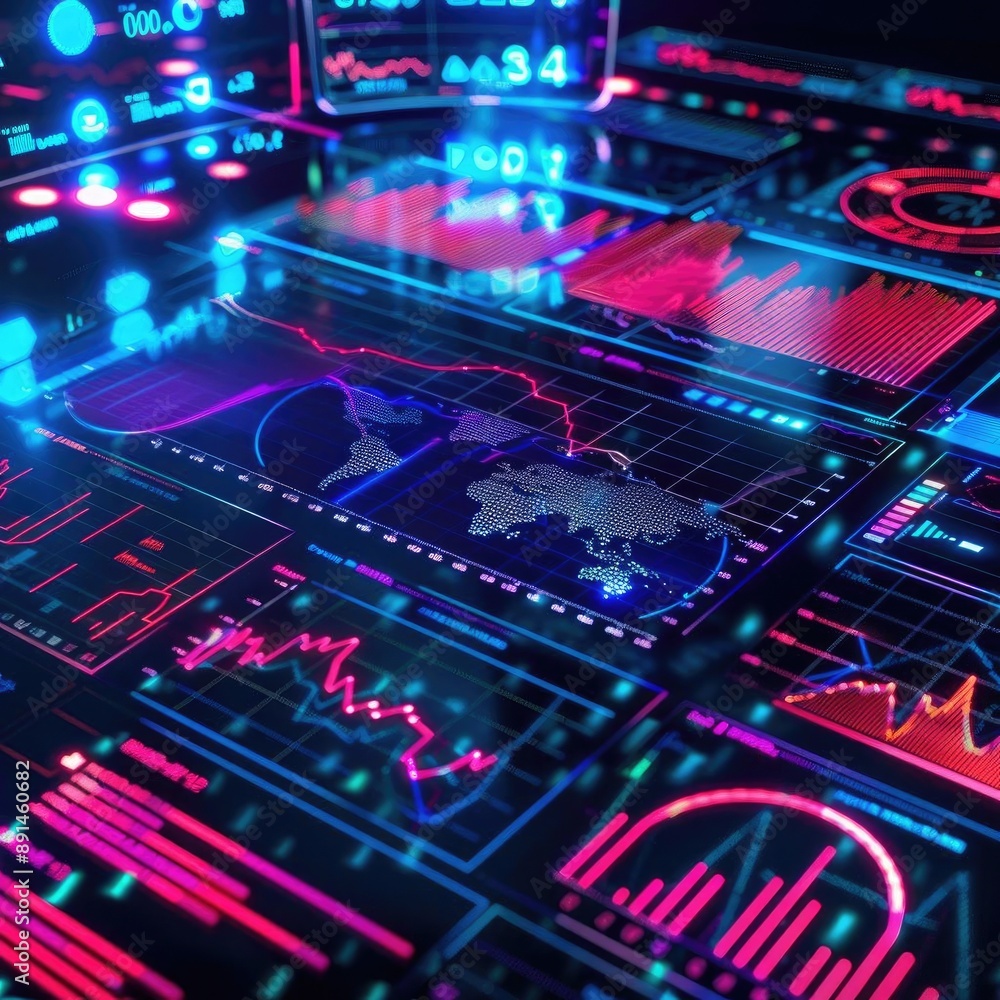 Virtual fintech dashboard with 3D financial graphs, big data analysis ...