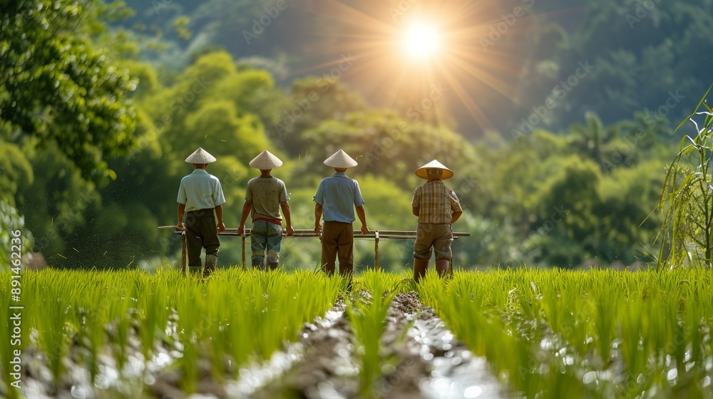 Picture of cheerful farmers in Asia working together to plow a rice ...