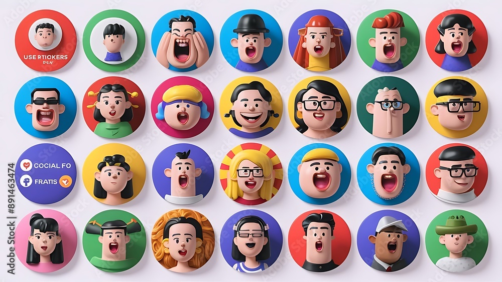 3d render, people avatar collection. Set of round stickers with cartoon ...