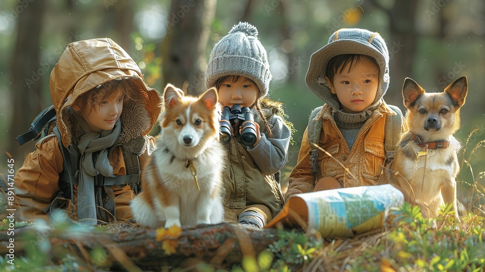 Cute kids and their pets exploring a forest with binoculars and maps ...