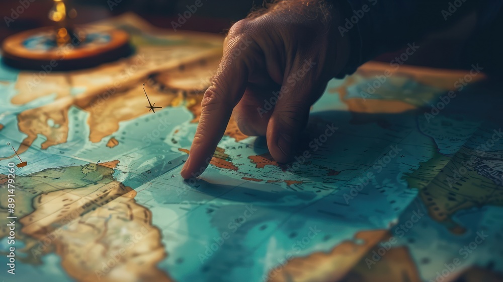 Focused planning over a travel map - Hands pointing at various ...