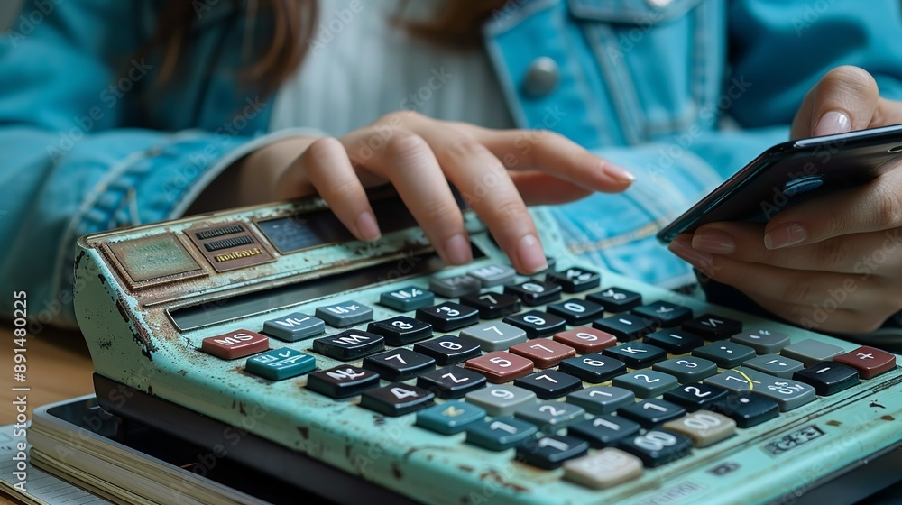 Entrepreneur using a vintage adding machine alongside a contemporary ...