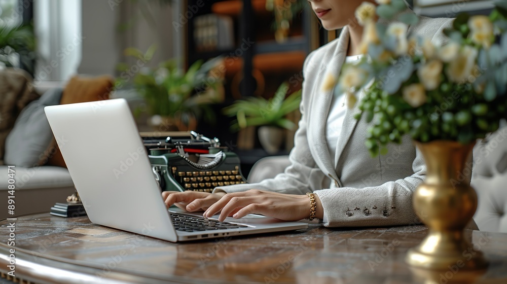 Entrepreneur typing a business proposal on a modern laptop while an ...