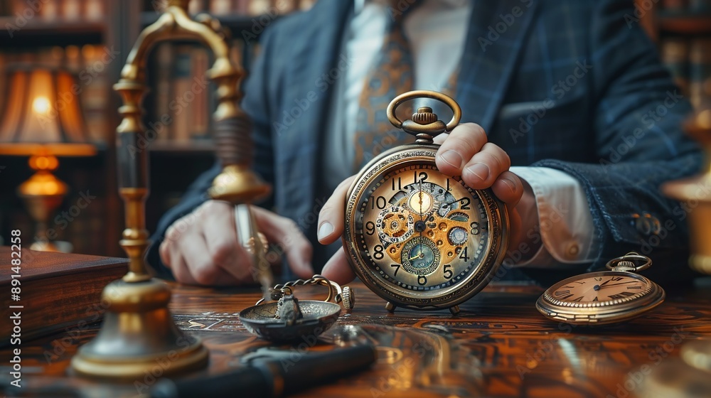 Professional using a digital clock to manage time, with an antique ...