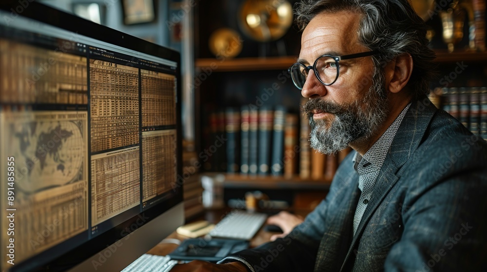 Entrepreneur analyzing data on a high-tech computer monitor while referencing old financial ...