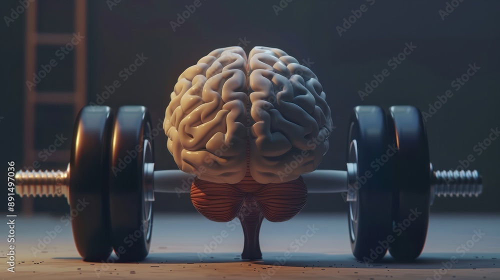 Human brain lifting weights. 3D brain lifting a heavy dumbbell. Mind ...
