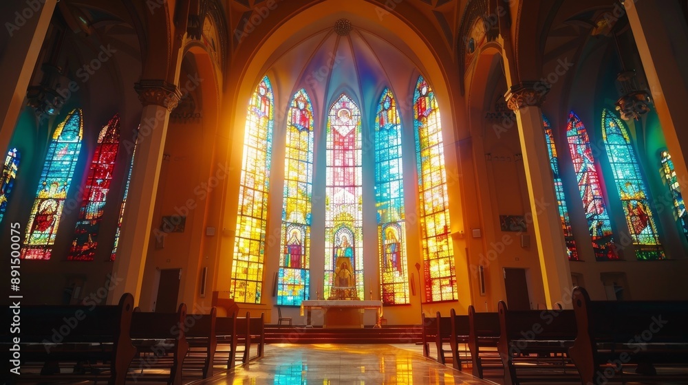 Colorful stained glass windows in catholic church, camera pans to ...