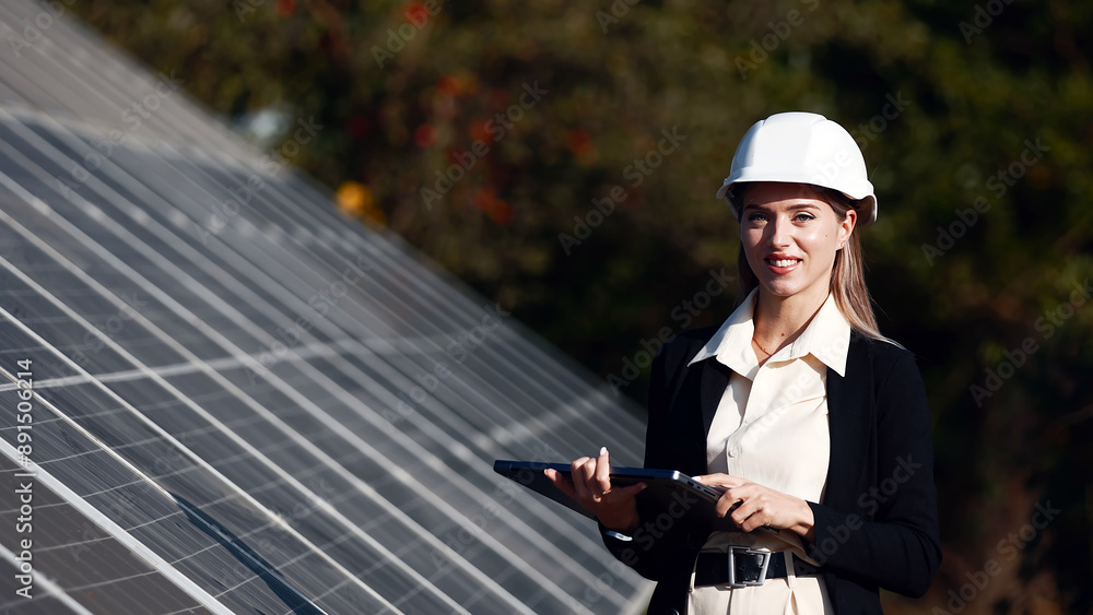 Female ecological engineer uses project documents and files and ...