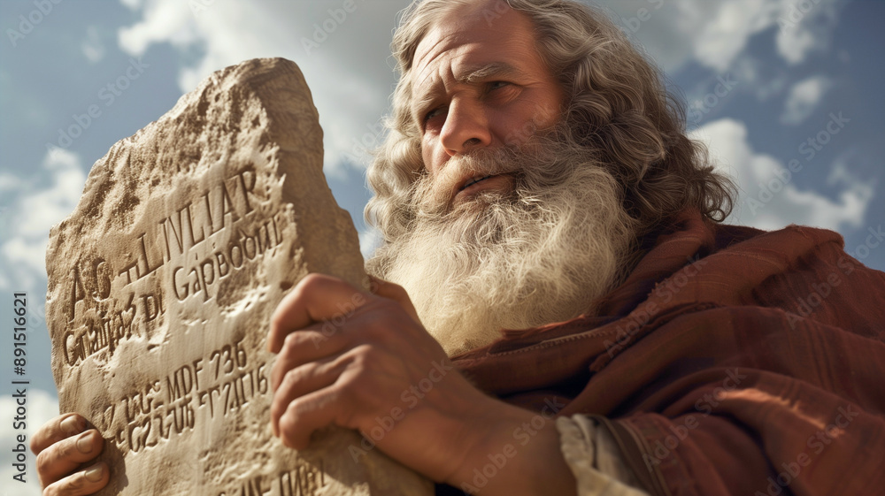 Moses receiving the ten commandments at Mount Sinai, religion and faith ...