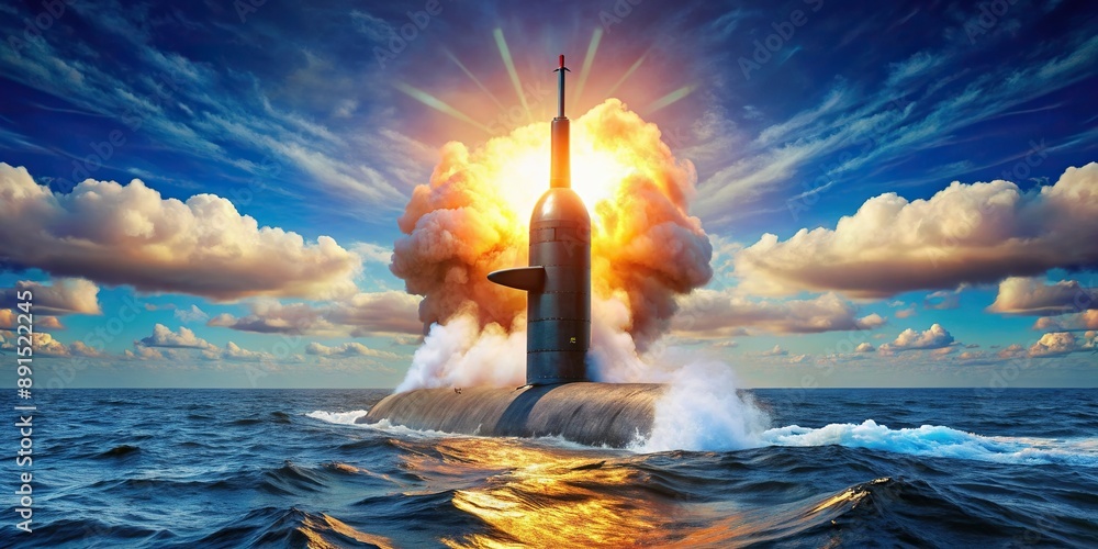 Submarine missile launching in the ocean with orange flames and blue ...
