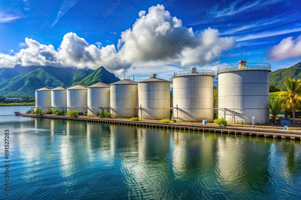 Storage tanks at Tahiti Port in the South Pacific, industrial, storage ...