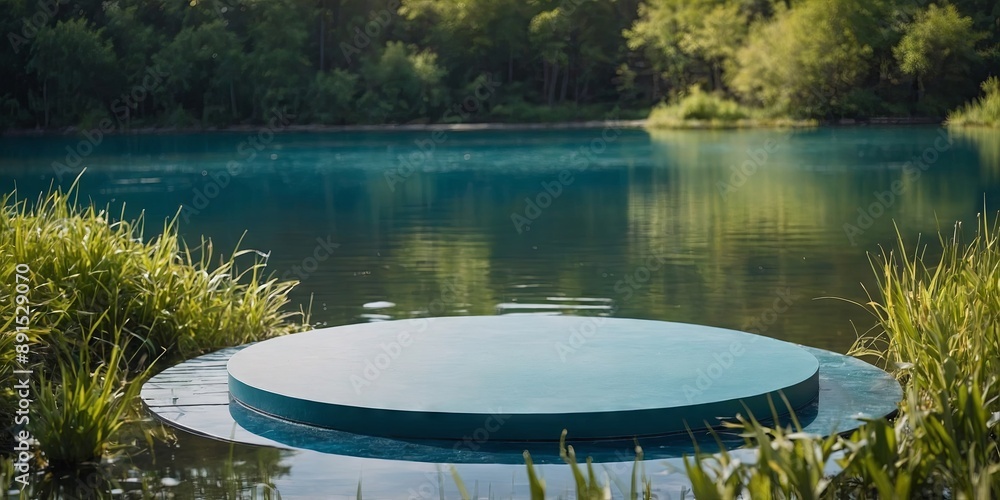 Circular platform, round podium for product display in pond with calm ...