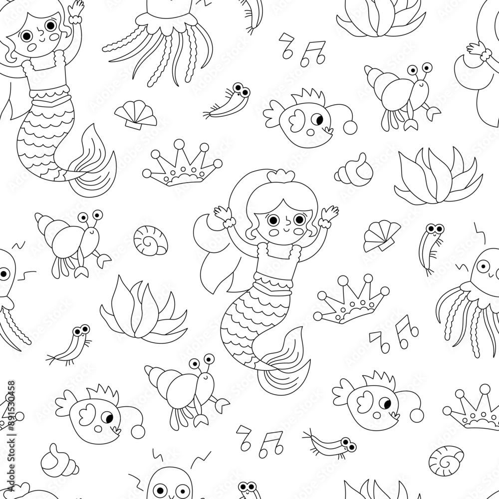 Vector black and white mermaids seamless pattern. Underwater kingdom ...