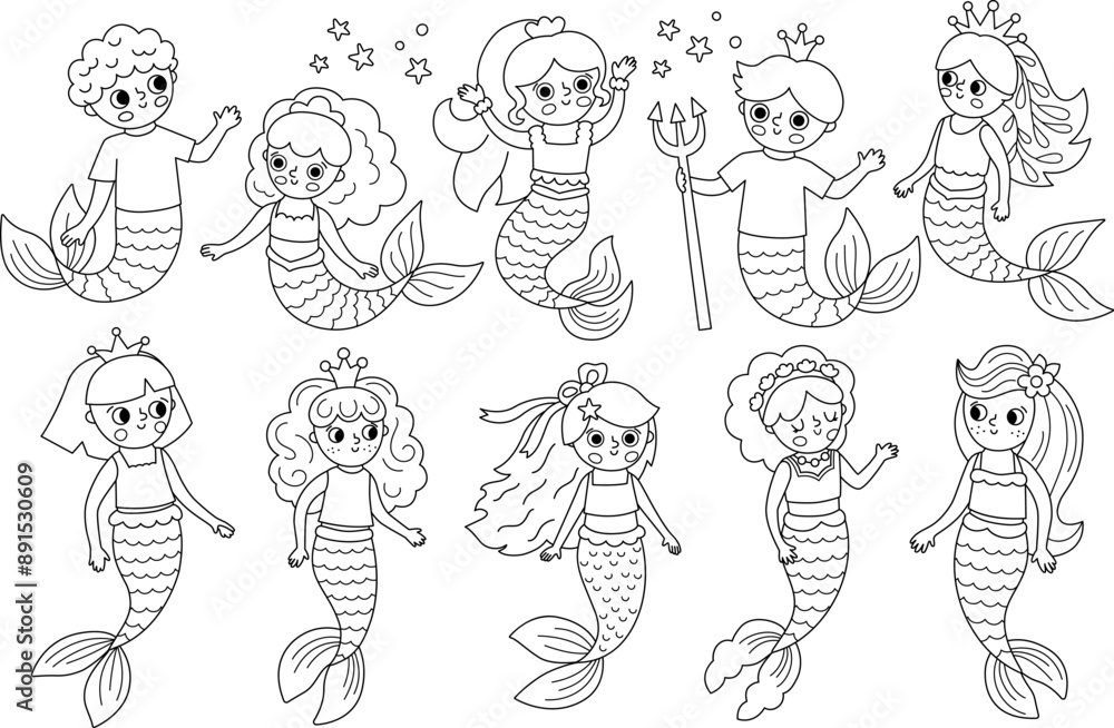 Vector black and white mermaids set. Underwater kingdom line collection ...