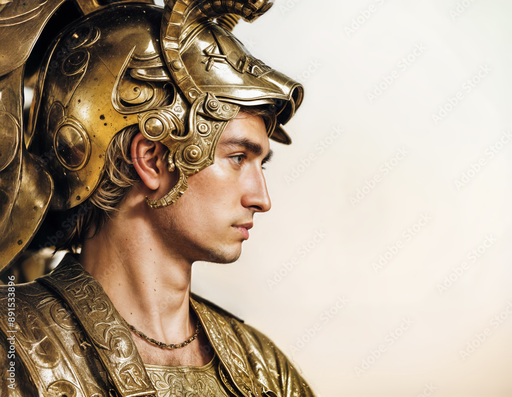 Young macedonian king with a golden armor looking at his next conquests ...
