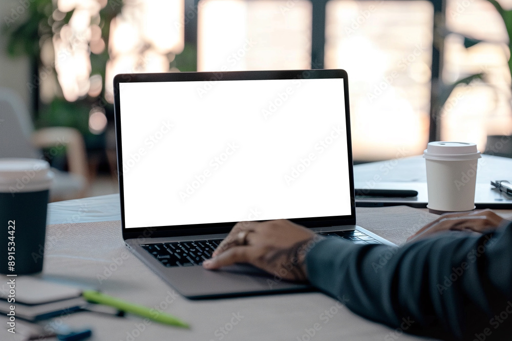 Mockup template of gray laptop similar to macbook on table. Man working ...