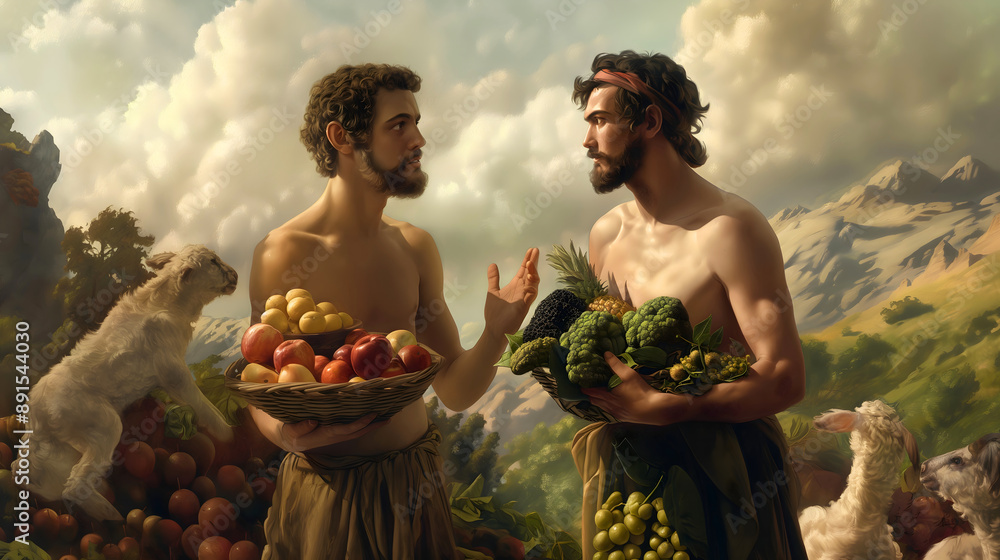 Cain and Abel, biblical figures who brought offerings to God, with God ...