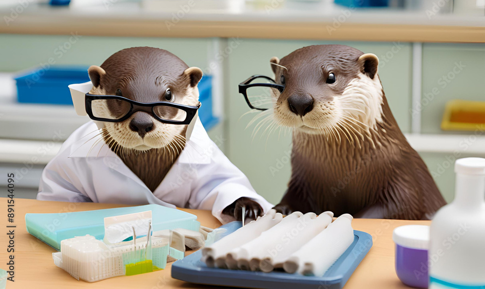 Scientist Otter: Otters with glasses and lab coats, conducting ...