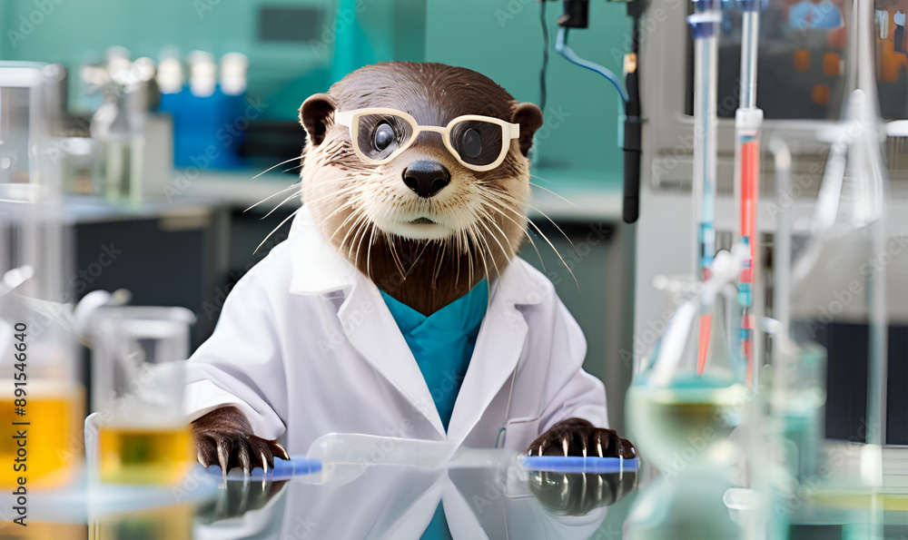 Scientist Otter: Otters with glasses and lab coats, conducting experiments in a research lab ...