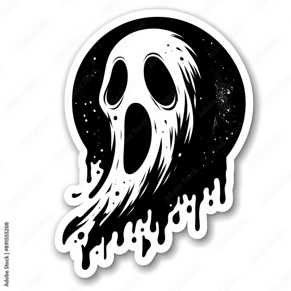 Ghostly face with hollow eyes and smudges. Halloween sticker with white ...