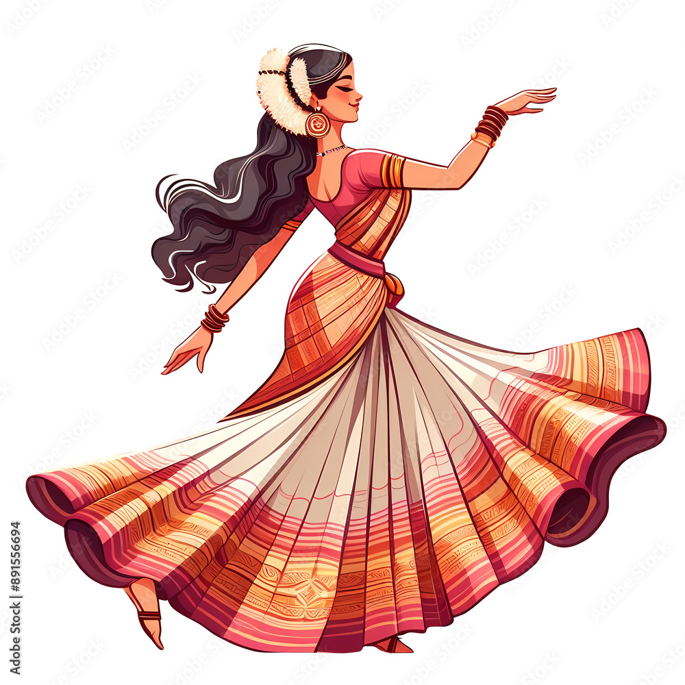 doodle style cartoon illustration of dancing girl in traditional Indian ...